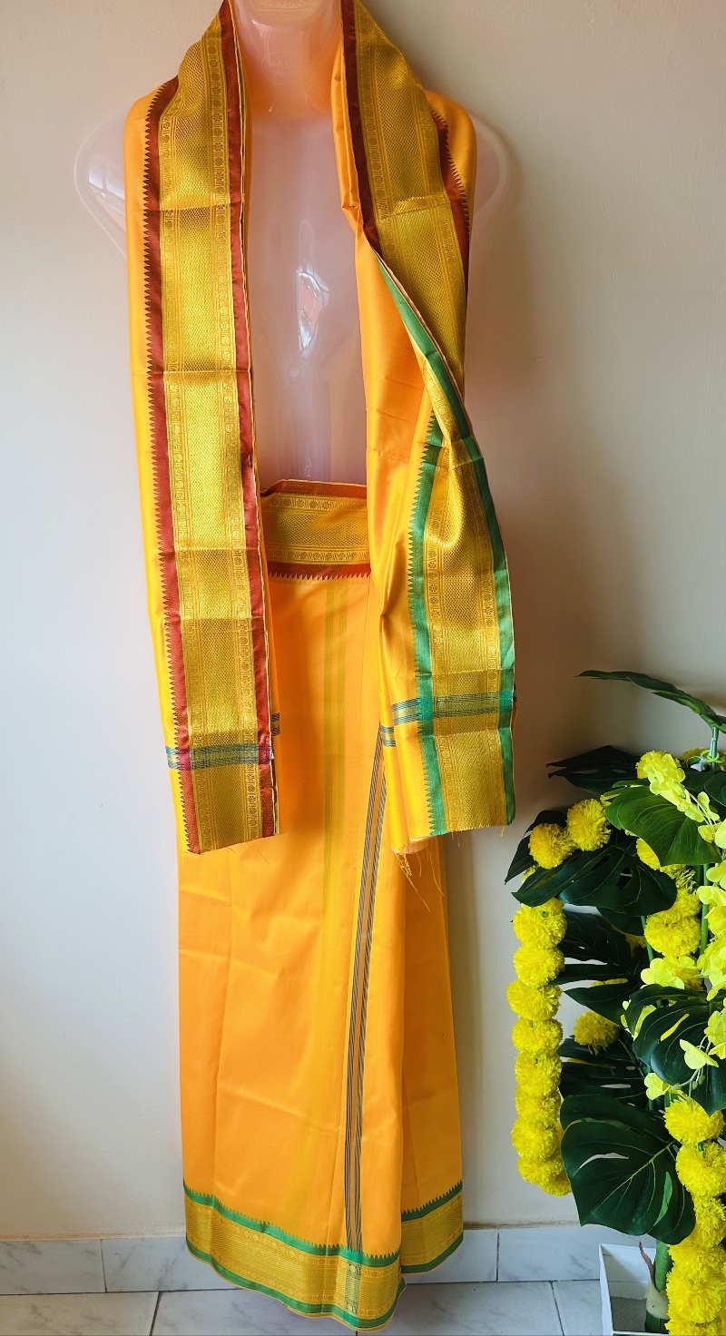 Dark Orange Big Border Silk Mundu With silk shawl set - Raavika